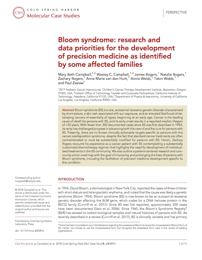 Publication Announcement! | Bloom Syndrome Association